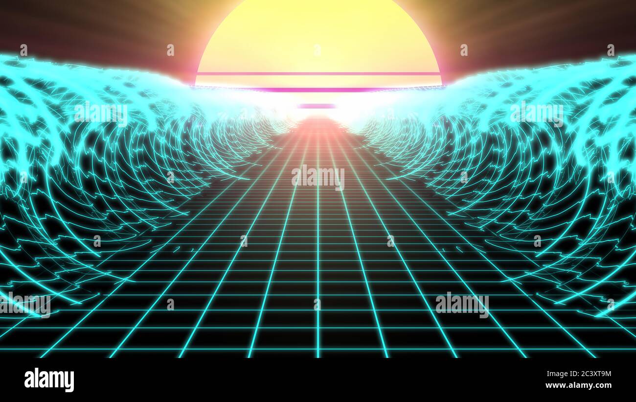 Synthwave Retro Wireframe Net Grid Ocean Tidal Waves and 80s Sun ...