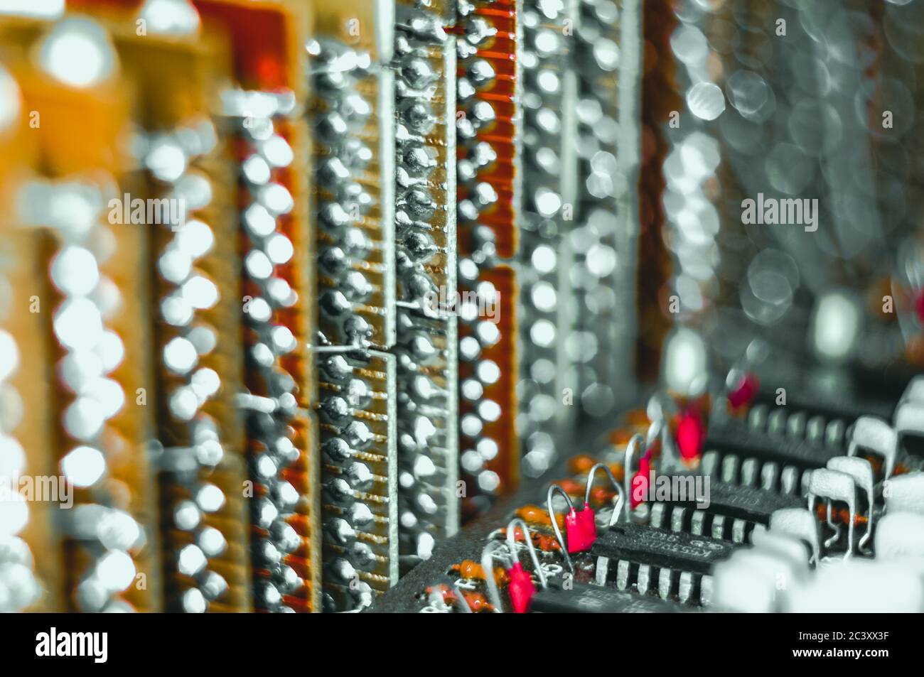 Vintage electronic circuit boards with radio parts and chips, close-up ...