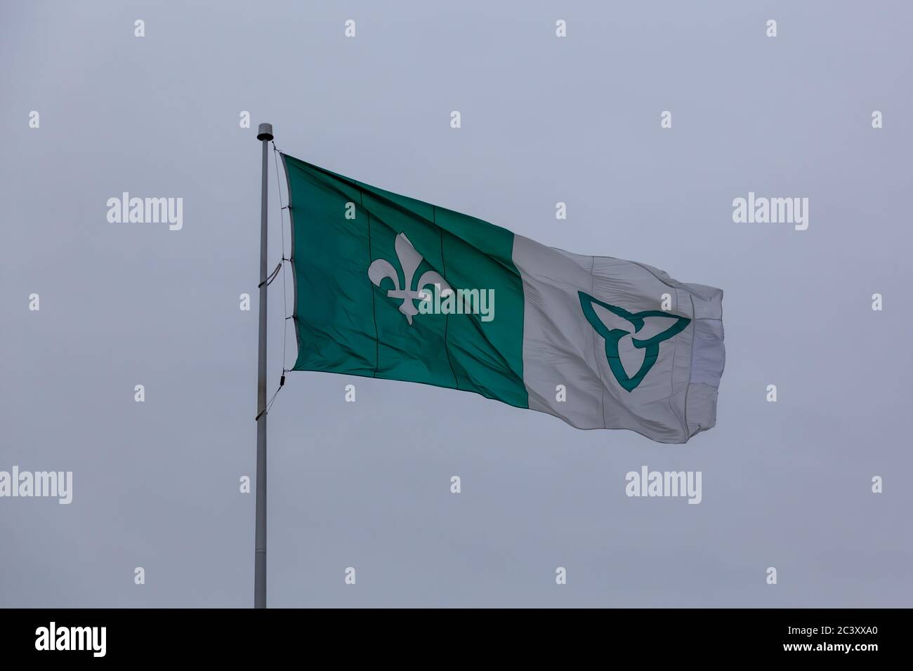 The Franco-Ontarian Flag flies on a flagpole outdoors, showing the ...