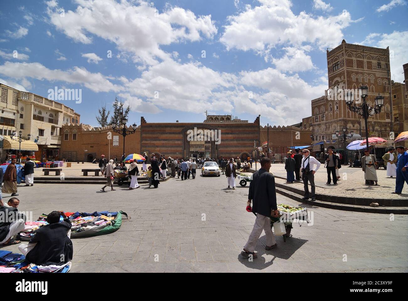 Sanaa, Yemen - March 6, 2010: Square opposite the gate of ancient city ...