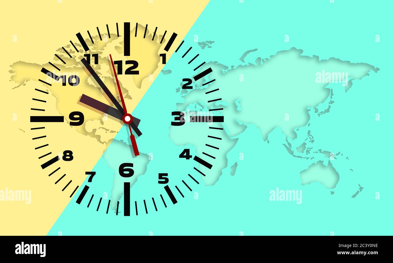 Wall clock on a background map of the world, 3d rendering Stock Photo ...