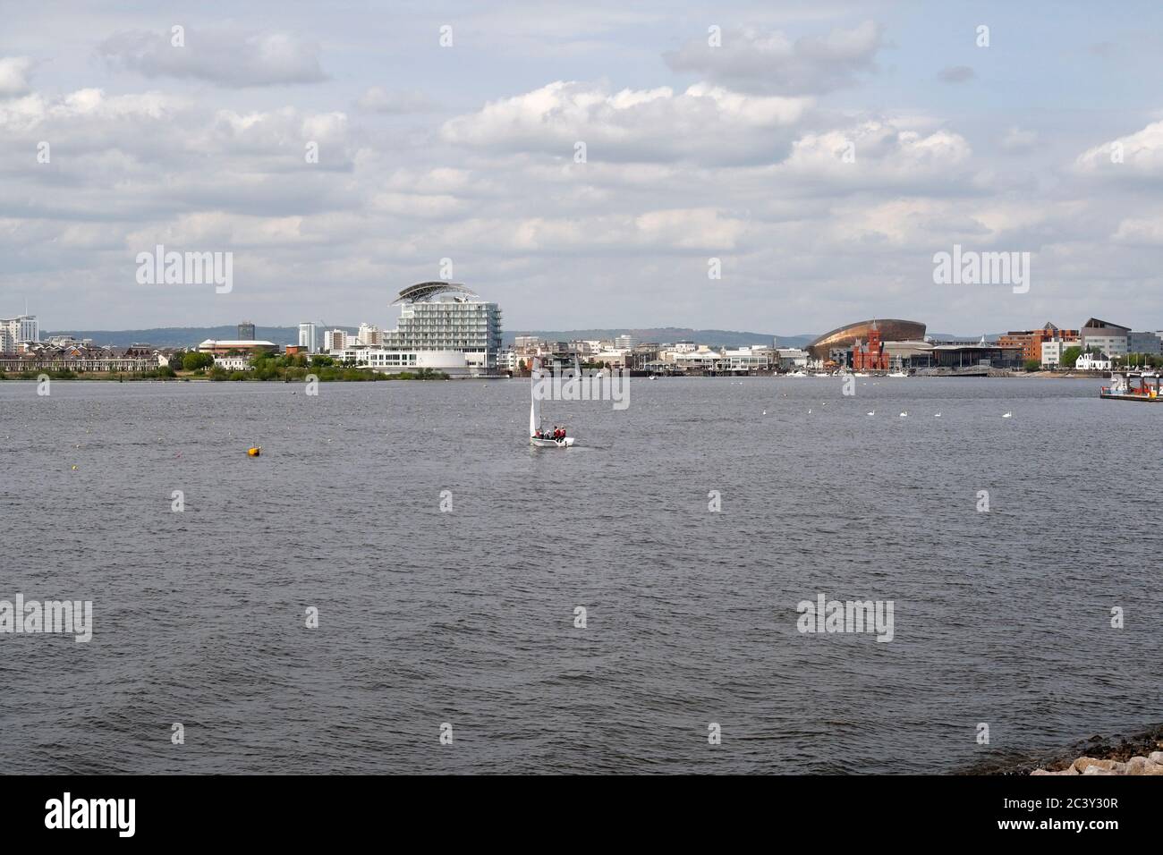 Cardiff bay barrage skyline Wales UK. Landscape view across body of ...