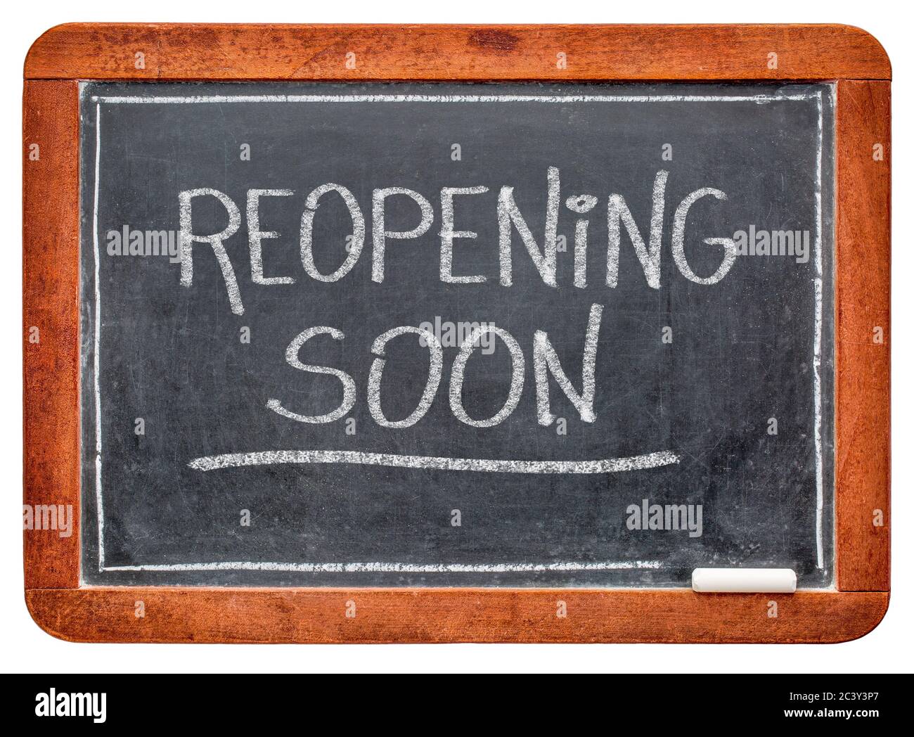 reopening soon - white chalk handwriting on a slate blackboard ...