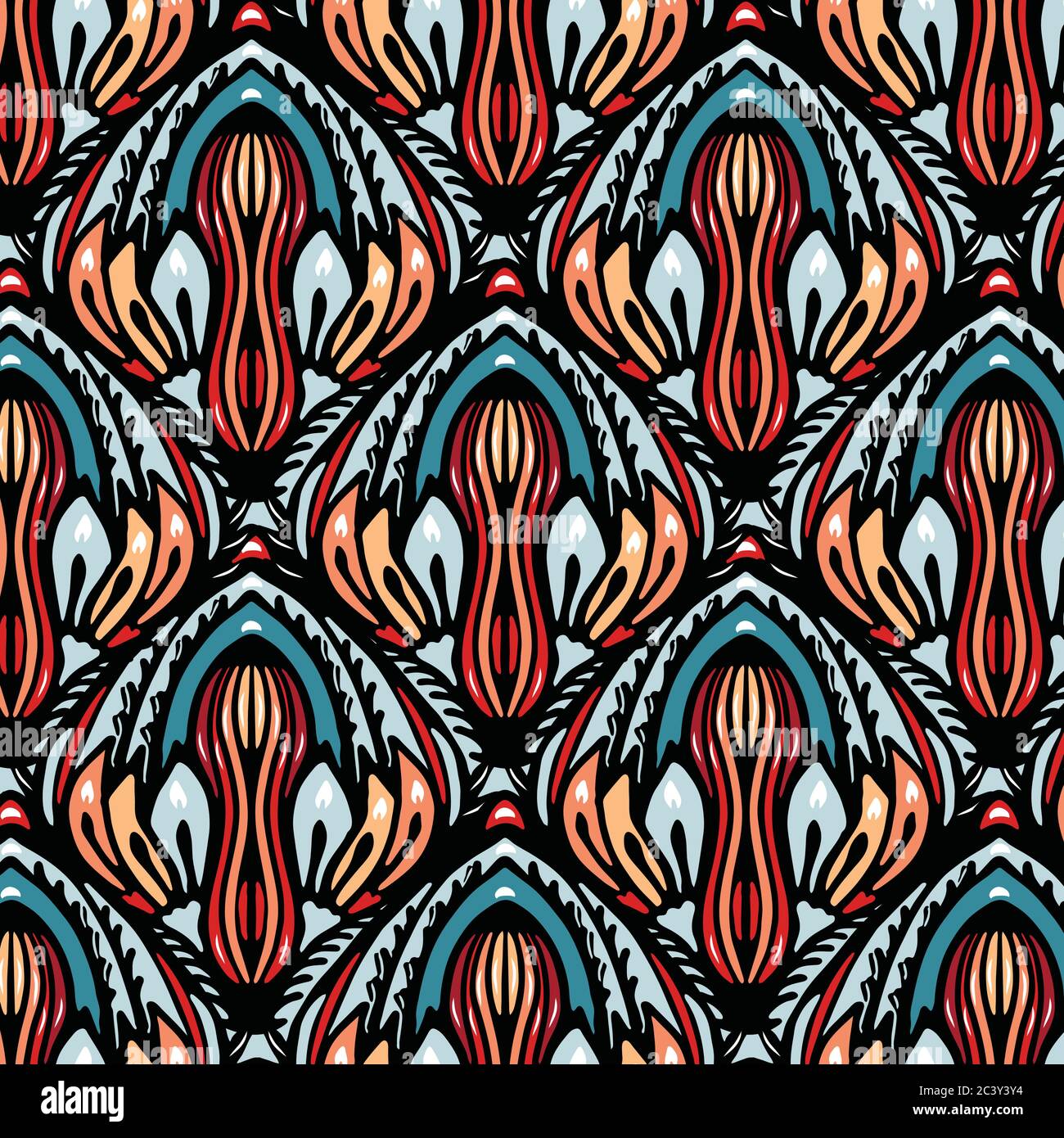 Boho flower damask all over print. Seamless vector repeating pattern ...