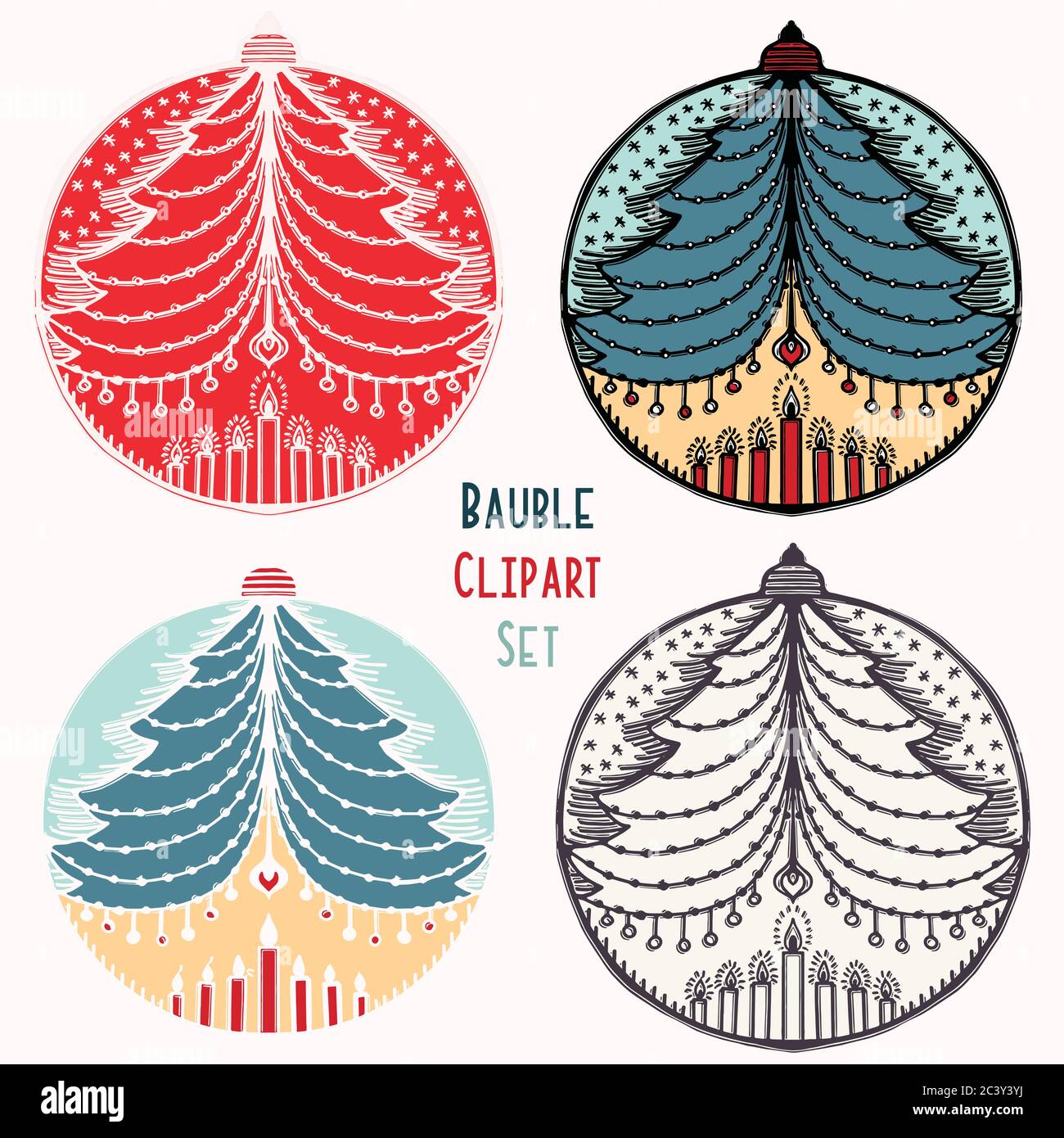 Christmas tree candles bauble ornament set. Isolated festive design ...