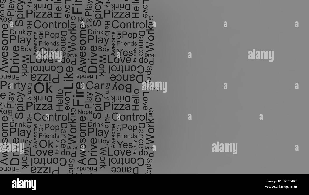 Cloud of black text random words on a gray background. rain of letters ...