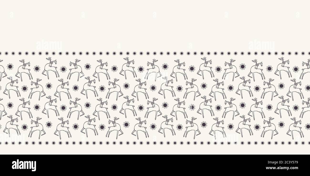 Hand drawn abstract Christmas reindeer border pattern. Leaping stag ...