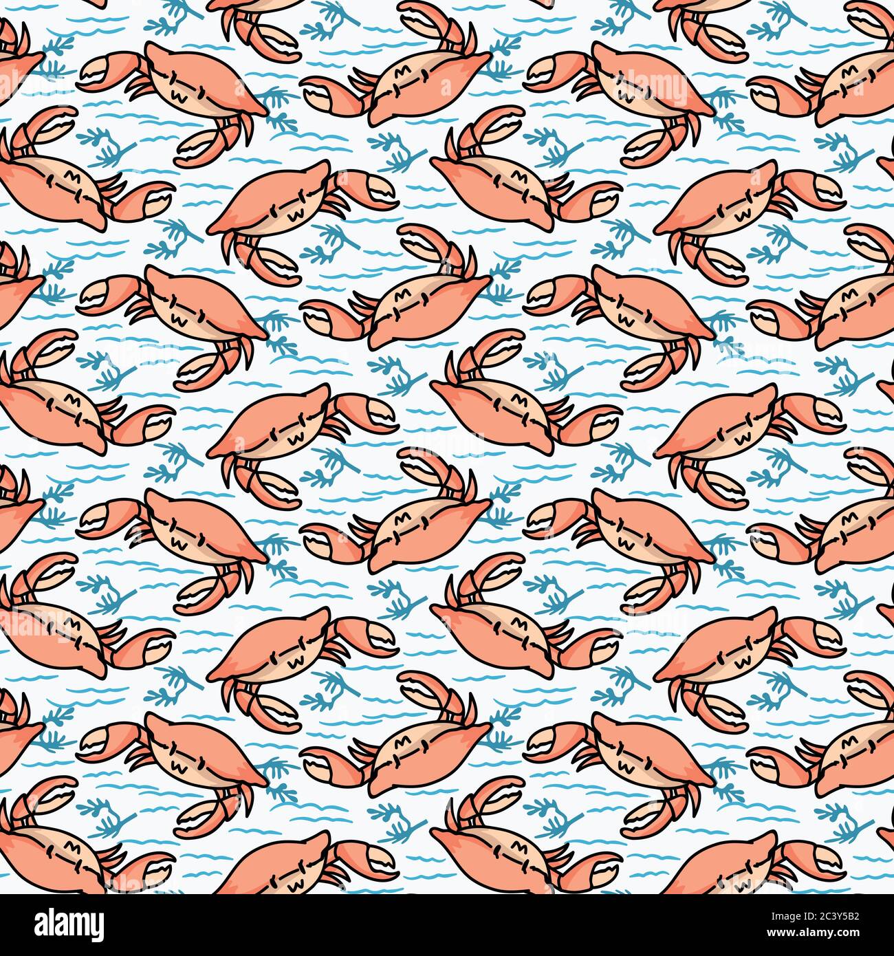 Cute crab cartoon seamless vector pattern. Hand drawn crustacean ...