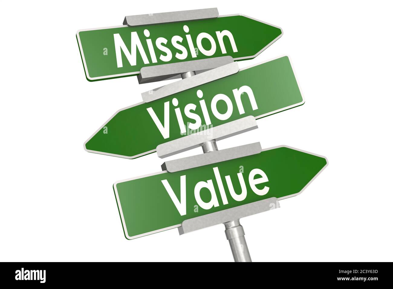 Mission, vision and value word on green road sign, 3D rendering Stock ...