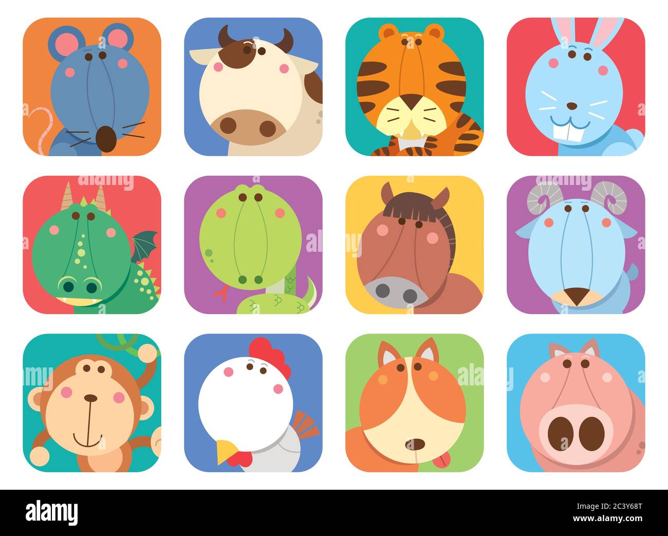 A vibrant and playful digital illustration featuring twelve adorable ...