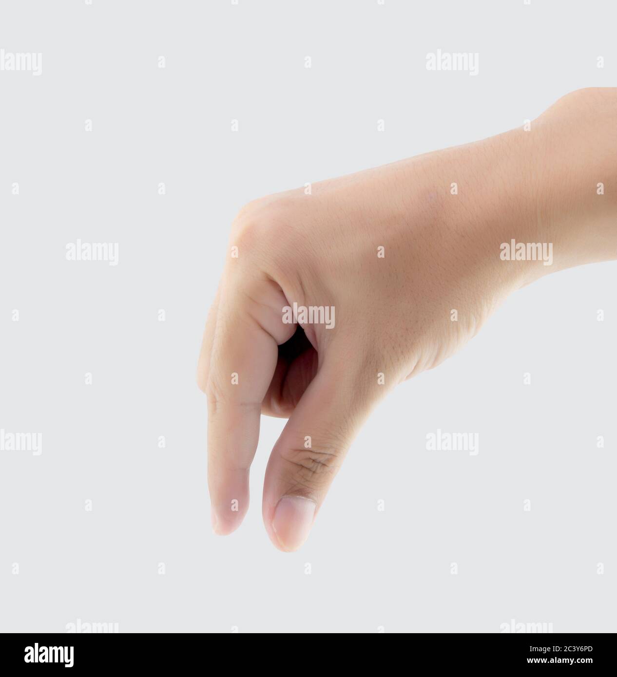 Closeup hand of man gesture picking up something isolated on white ...