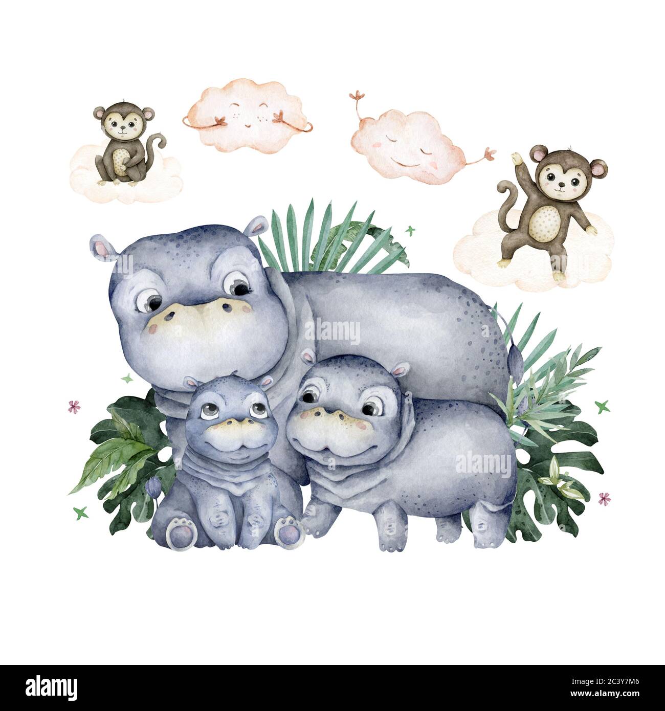 Cute baby Hippo with mother. Hand drawn adorable watercolor wildlife ...