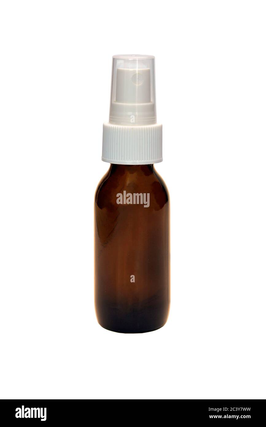 Amber glass bottle with spray type cap isolated on white background ...