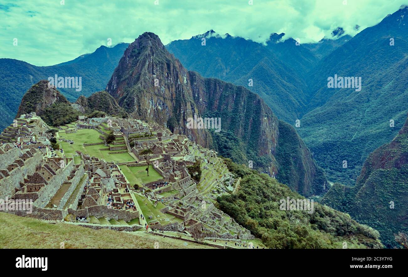 Peru, Machu Pichu, View of Wayna Picchu and ruins of aztec village ...