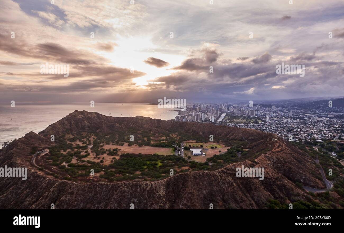 USA, Hawaii, Honolulu, Ariel view of Diamond Head at sunset Stock Photo ...