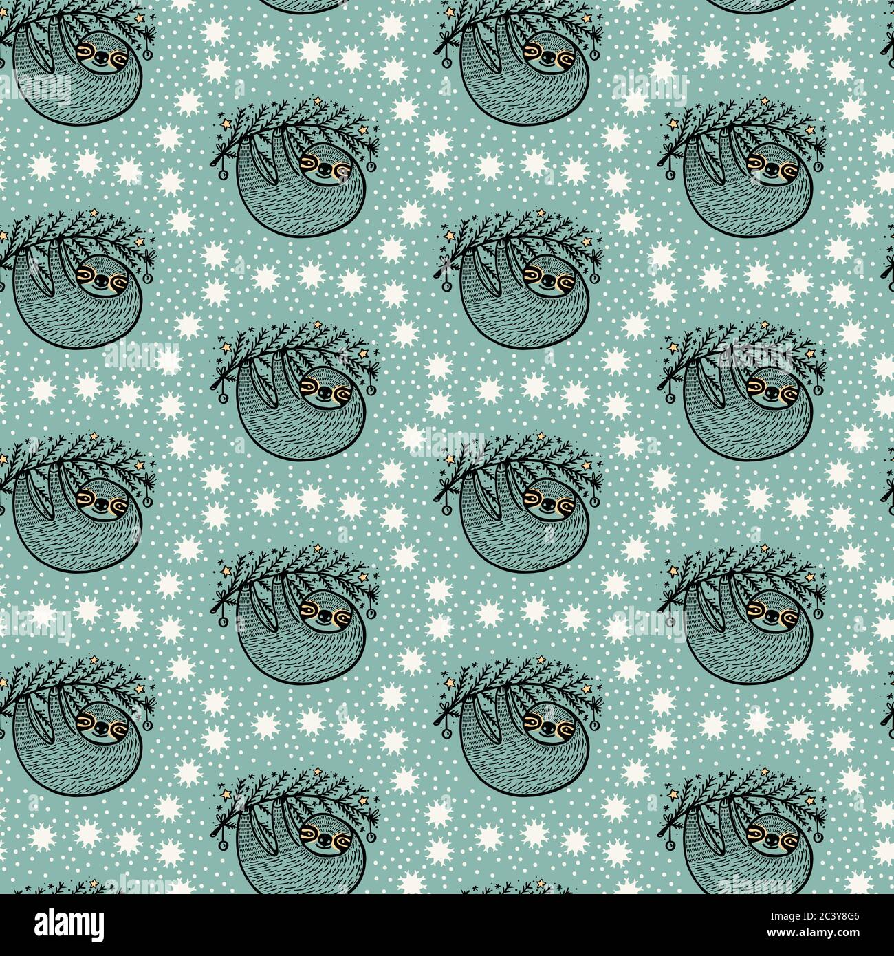 Hand drawn cute christmas sloth pattern. Kawaii cartoon animal hanging ...