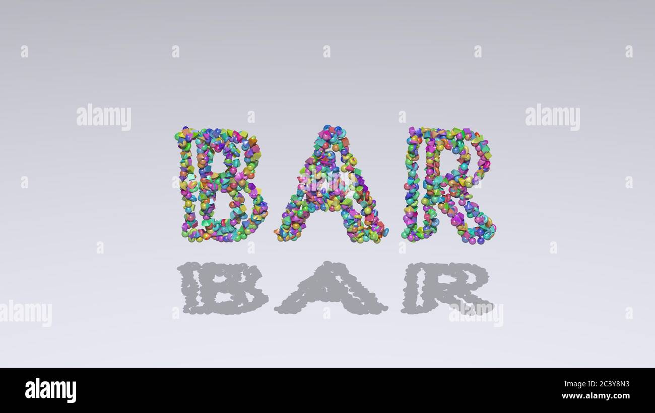 BAR written in 3D illustration by colorful small objects casting shadow ...