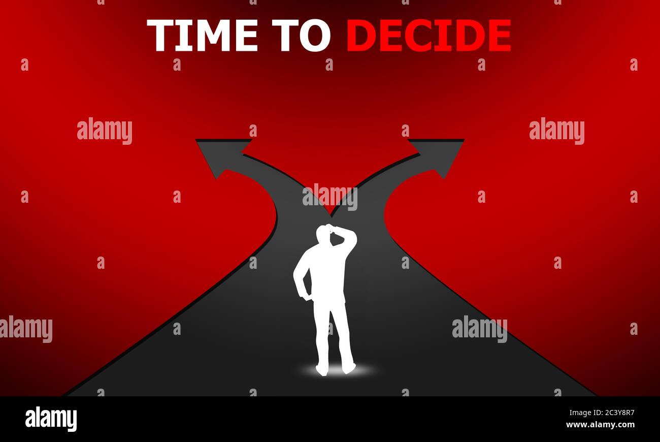 Time to decide concept with man stand at a junction, 3d rendering Stock ...