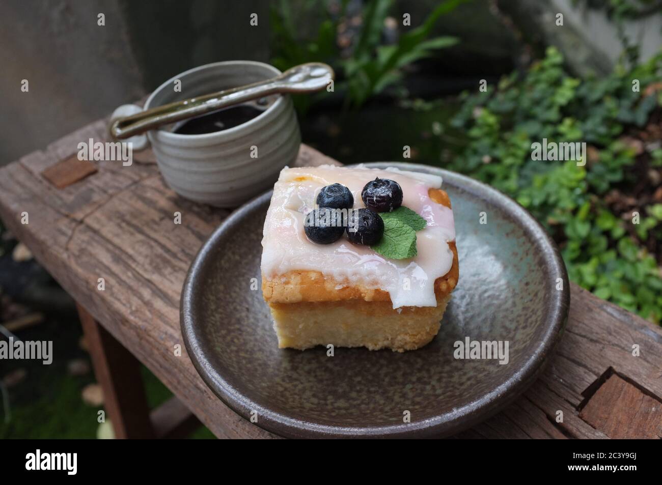 Coffee with piece of cake on wooden table , Concept Relax time, Copy ...