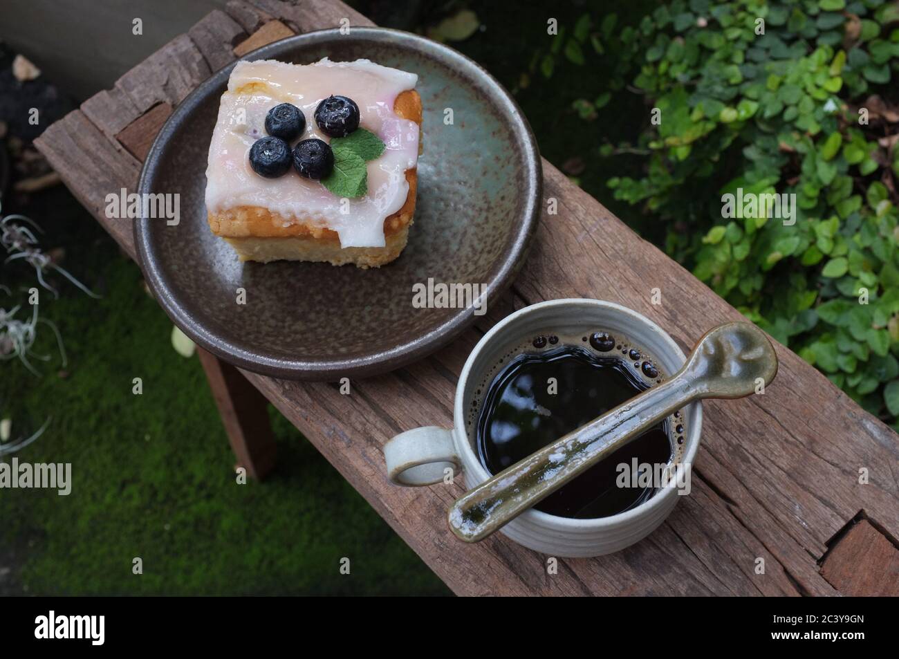 Coffee with piece of cake on wooden table , Concept Relax time, Copy ...