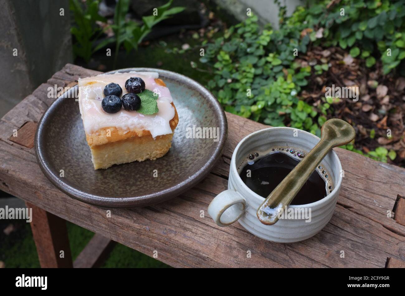 Coffee with piece of cake on wooden table , Concept Relax time, Copy ...