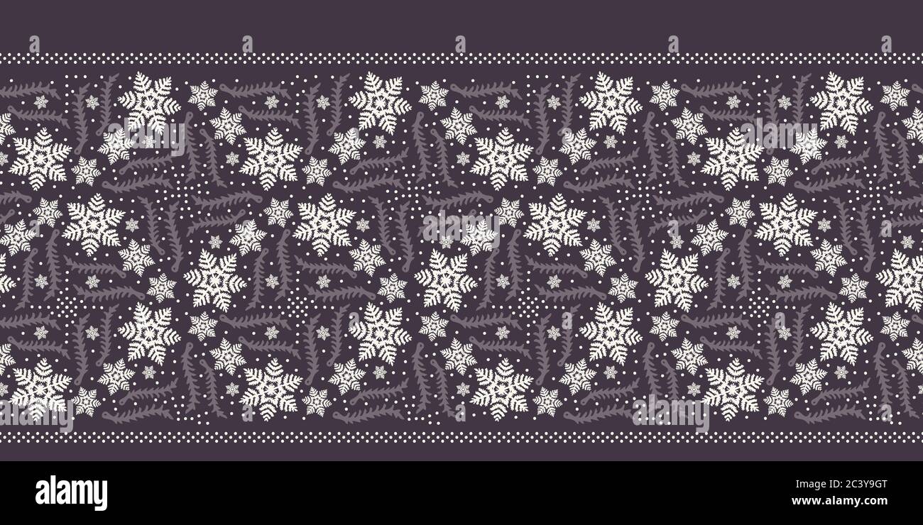 Hand drawn abstract winter snowflakes border pattern. Stylish crystal ...