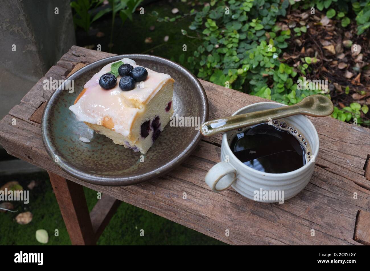 Coffee with piece of cake on wooden table , Concept Relax time, Copy ...