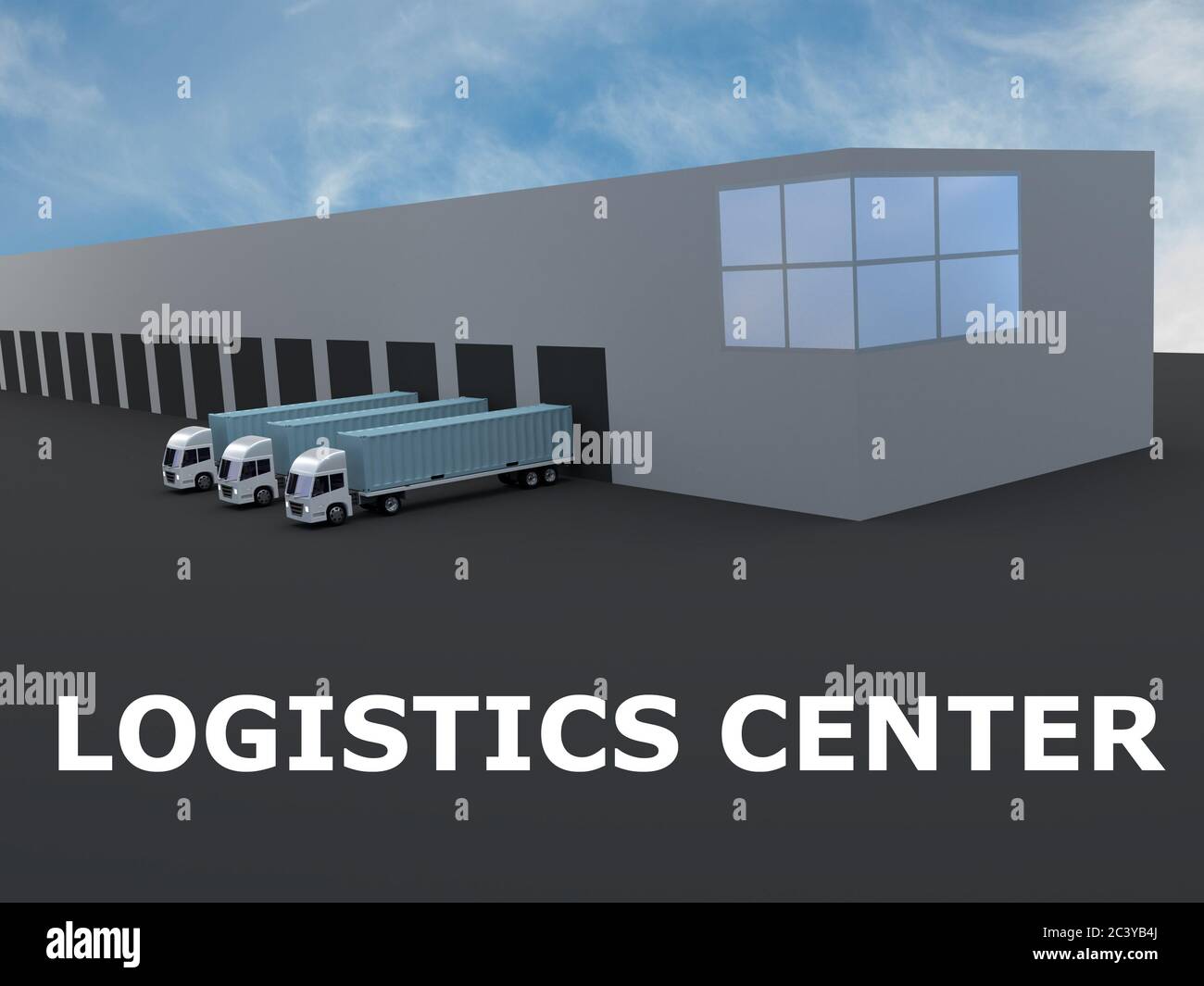 3D illustration of LOGISTICS CENTER title under a warehouse and three ...