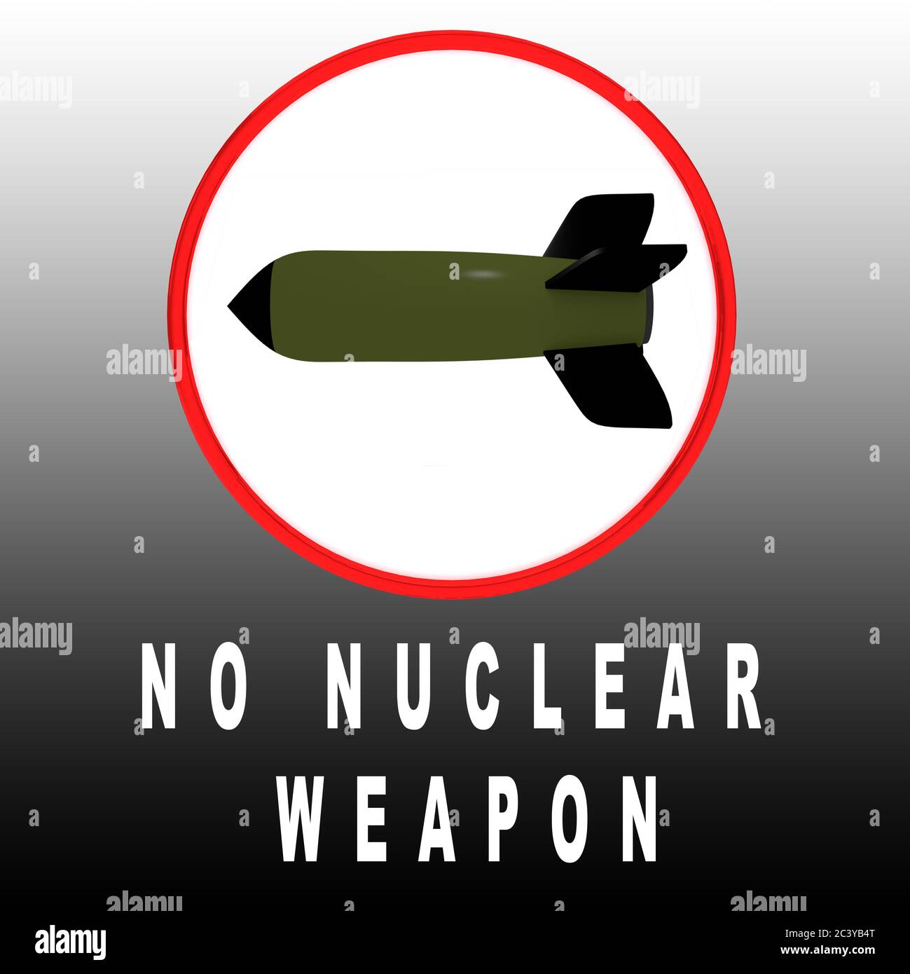 3D illustration of NO NUCLEAR WEAPON script on road sign silhoulette ...