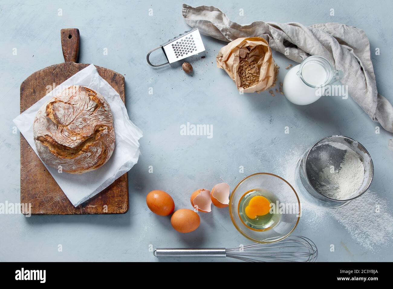 Fresh bread. Baking background. Top view with copy space Stock Photo ...