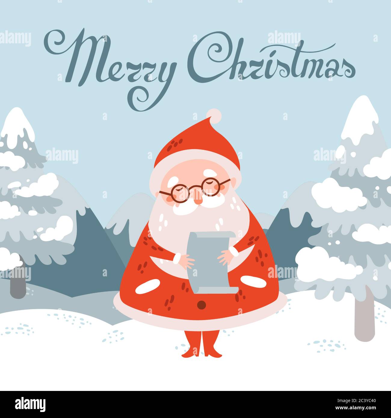 Flat cartoon cute vector Santa Claus reading a letter. Winter landscape ...