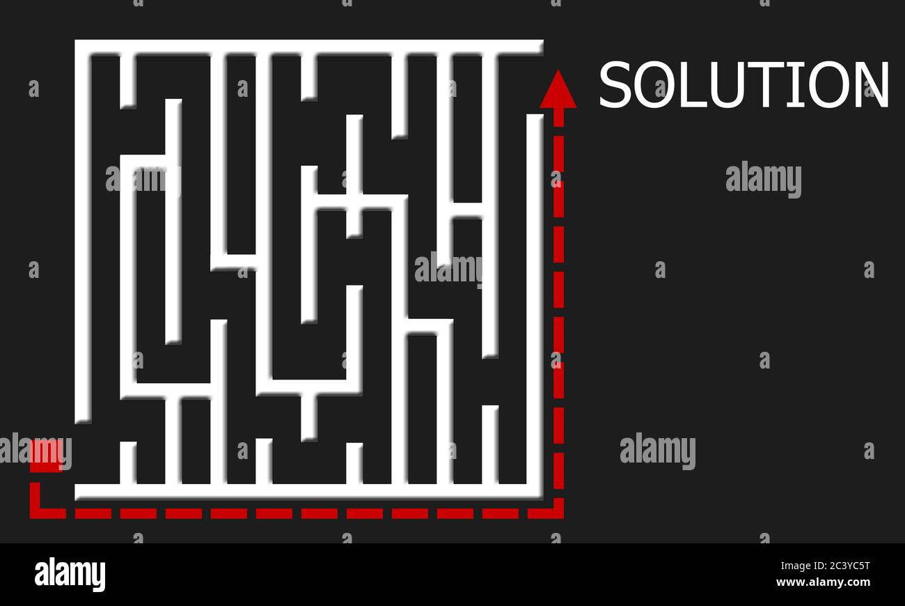 Arrow with route path to go to goal with out enter maze, 3d rendering ...