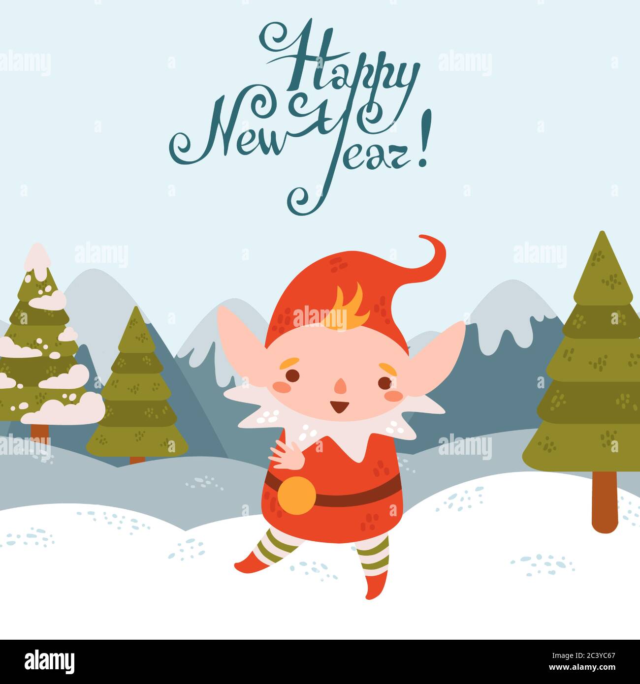 Flat cartoon cute vector Christmas elf with winter landscape Stock ...