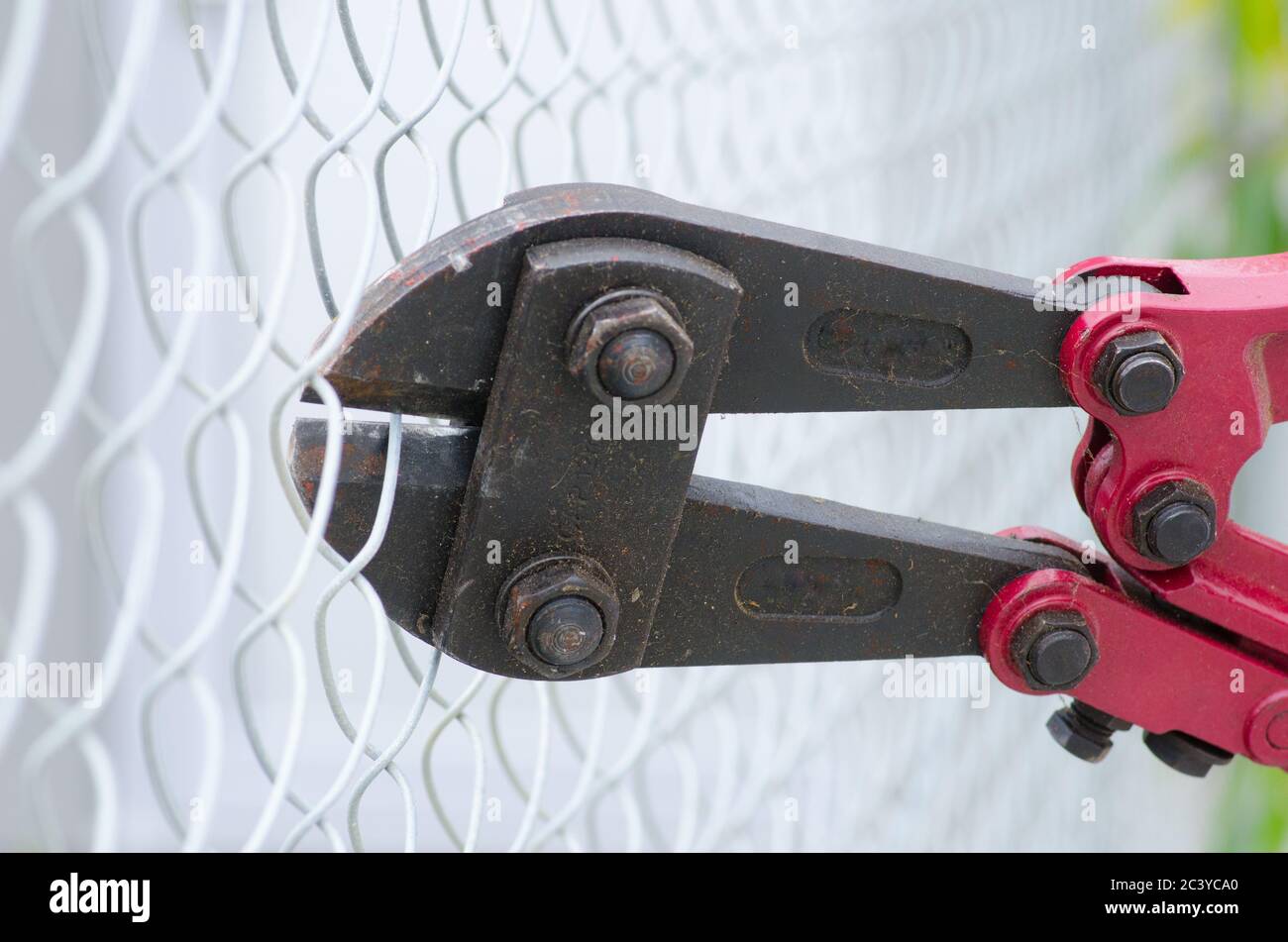 Close up of heavy metal bolt clipper with red handles cutting fence ...