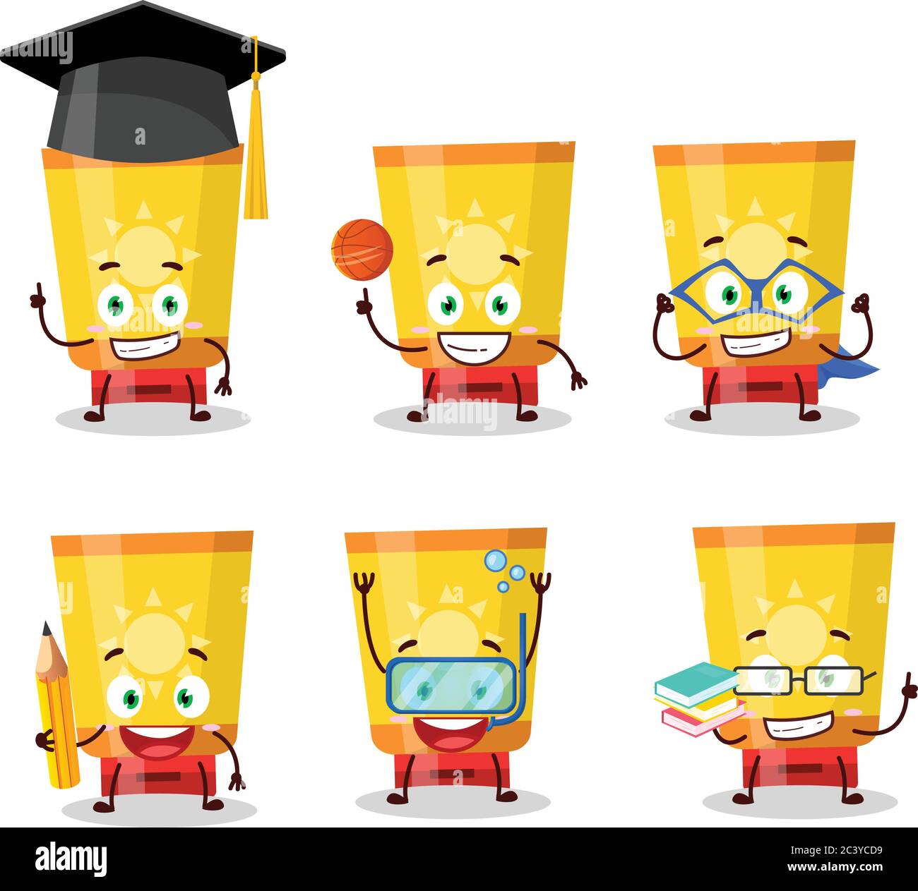 School student of sun block cartoon character with various expressions ...