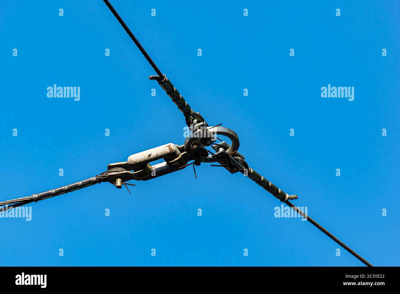 The ring keeps the metal cables together. Background of ringed wires ...