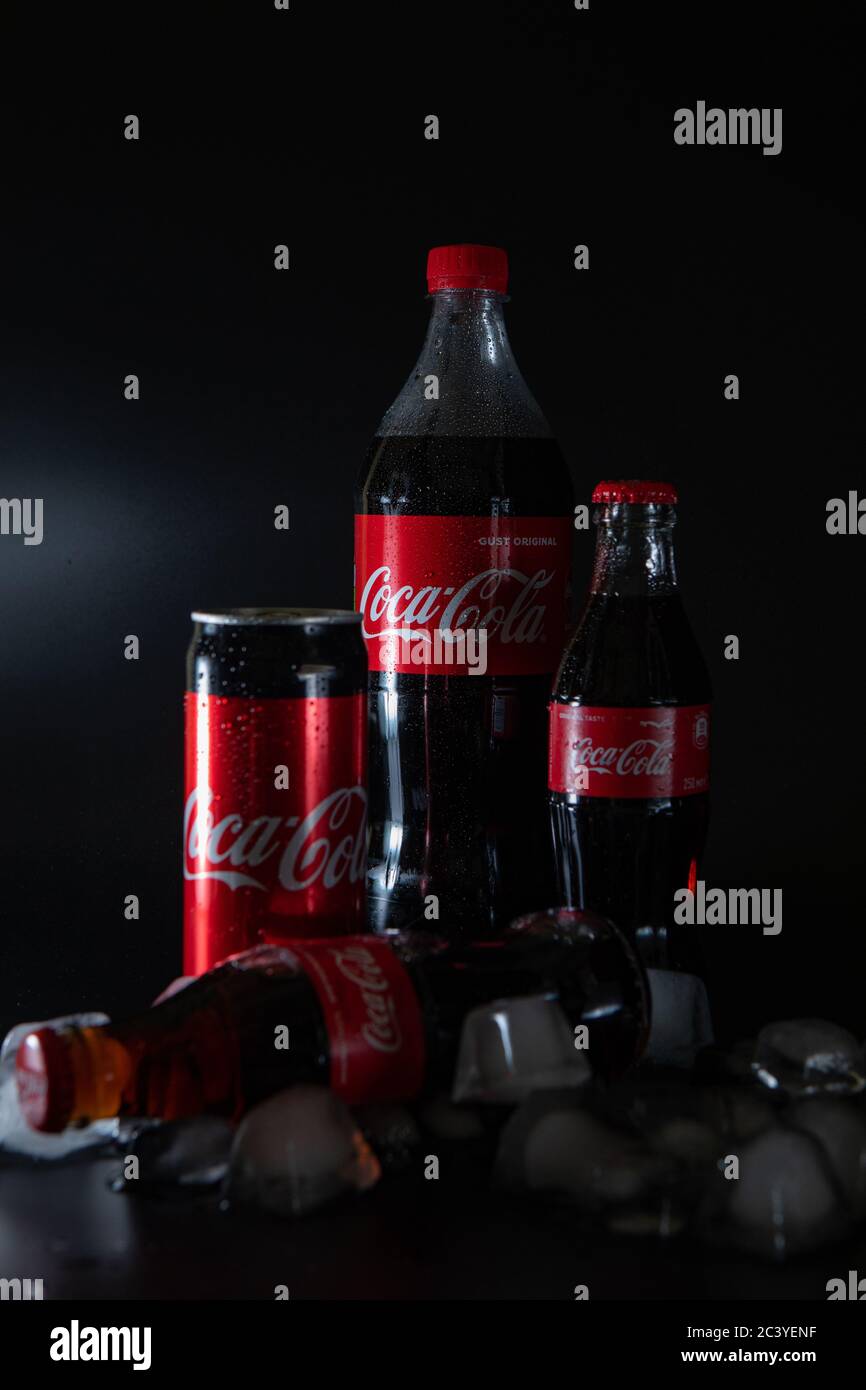 Lviv, Ukraine - 21, 2020: different size bottles of coca cola in ice at ...