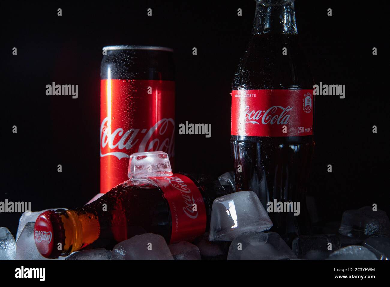 Lviv, Ukraine - May 21, 2020: two glass bottle one metal and of coca ...