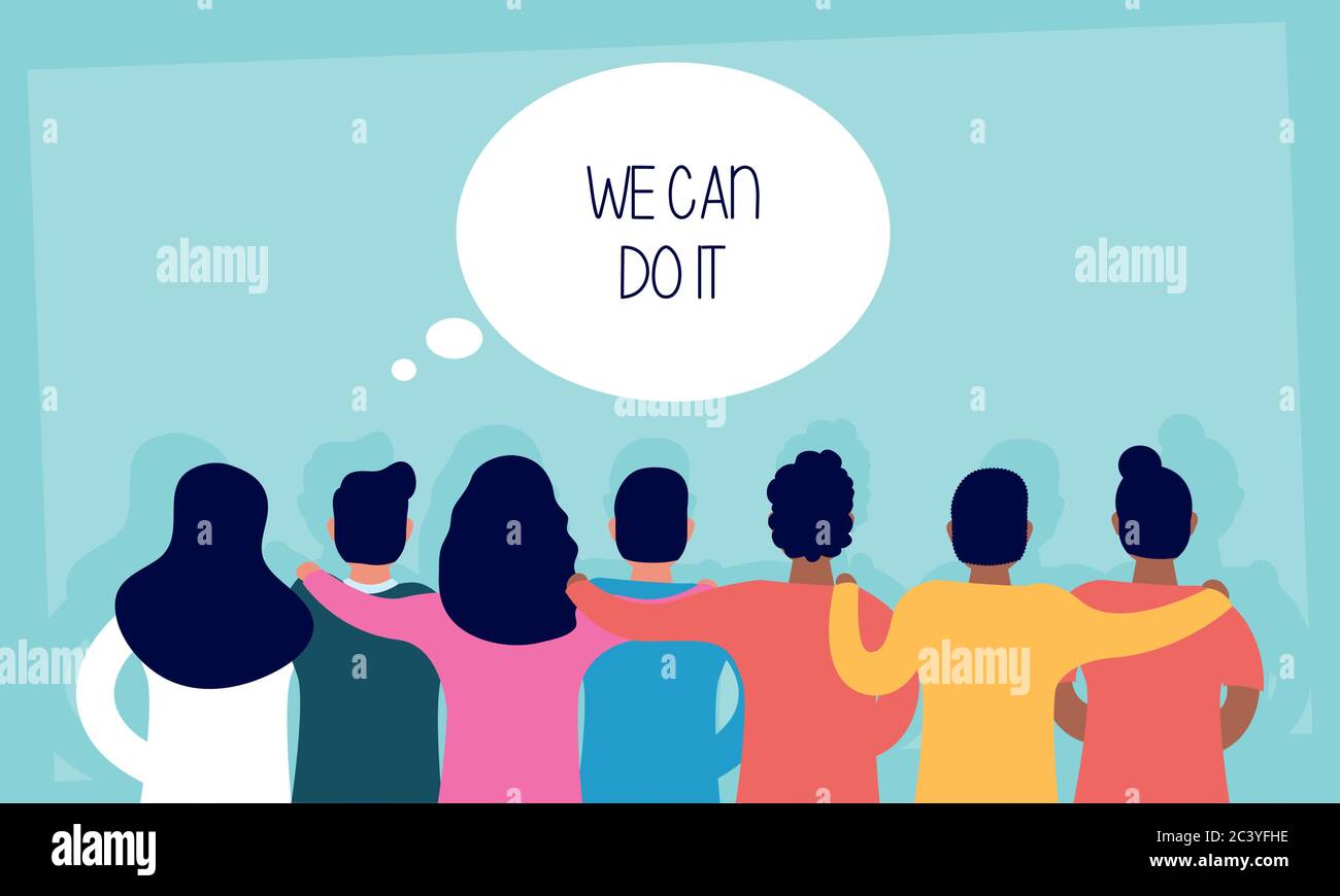 group of people back with we can do it message in speech bubble vector ...