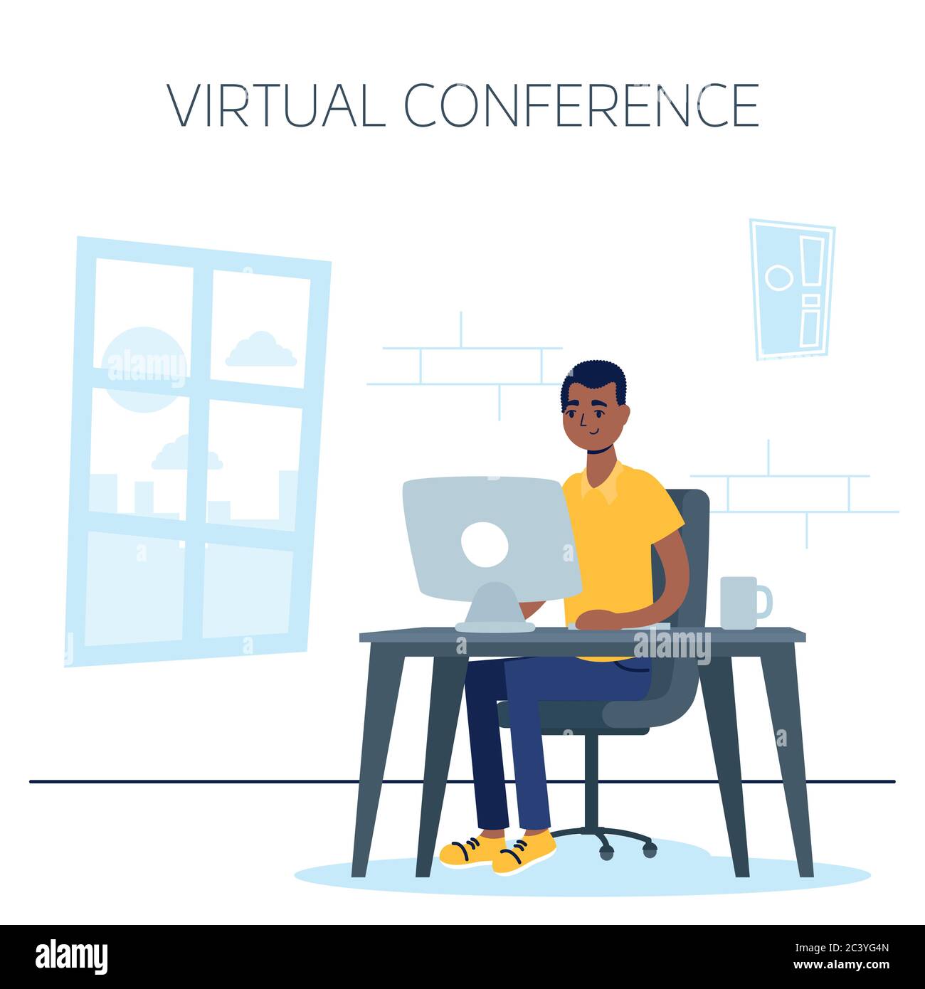 afro man using desktop in virtual conference communication vector ...
