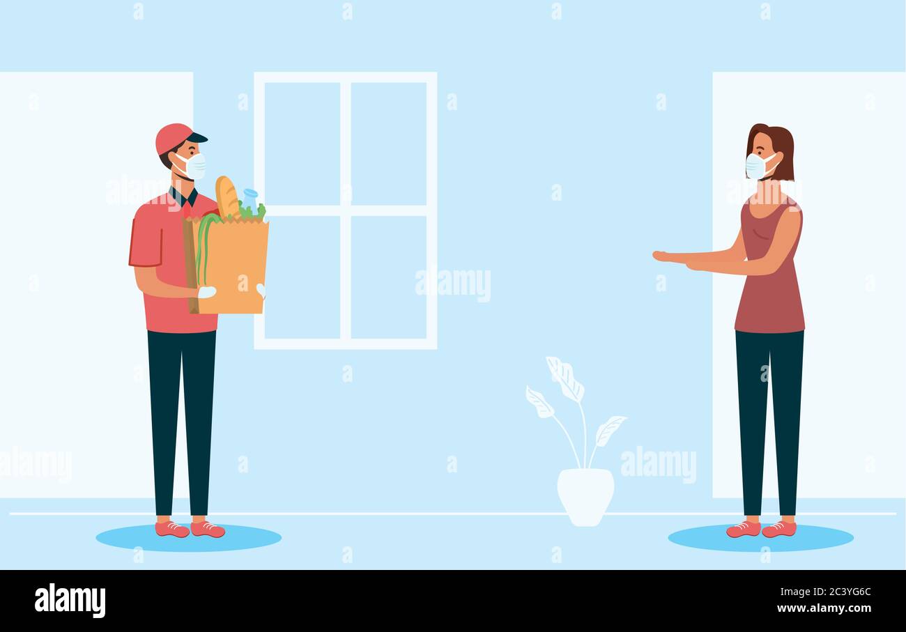 safe food delivery worker with groceries bag and female client vector ...