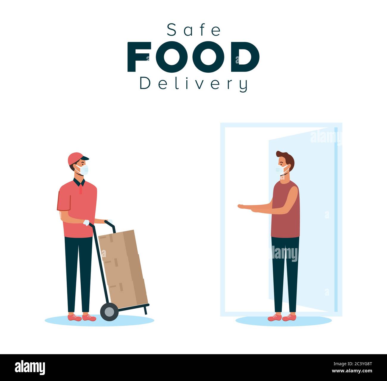 safe food delivery worker with boxes carton and client vector ...