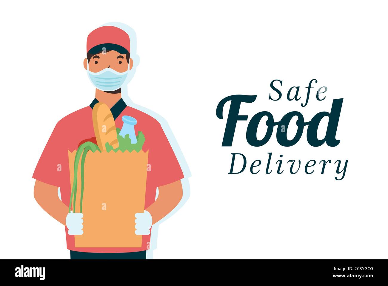 safe food delivery worker with groceries bag vector illustration design ...