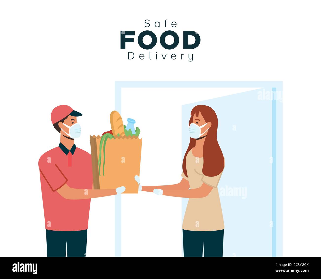 safe food delivery worker with groceries bag and female client vector ...