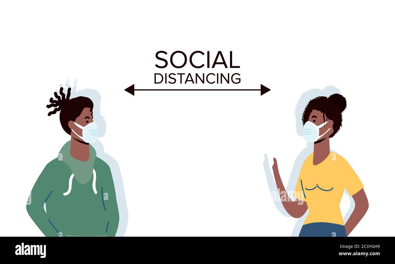 afro couple wearing medical masks and social distancing vector ...