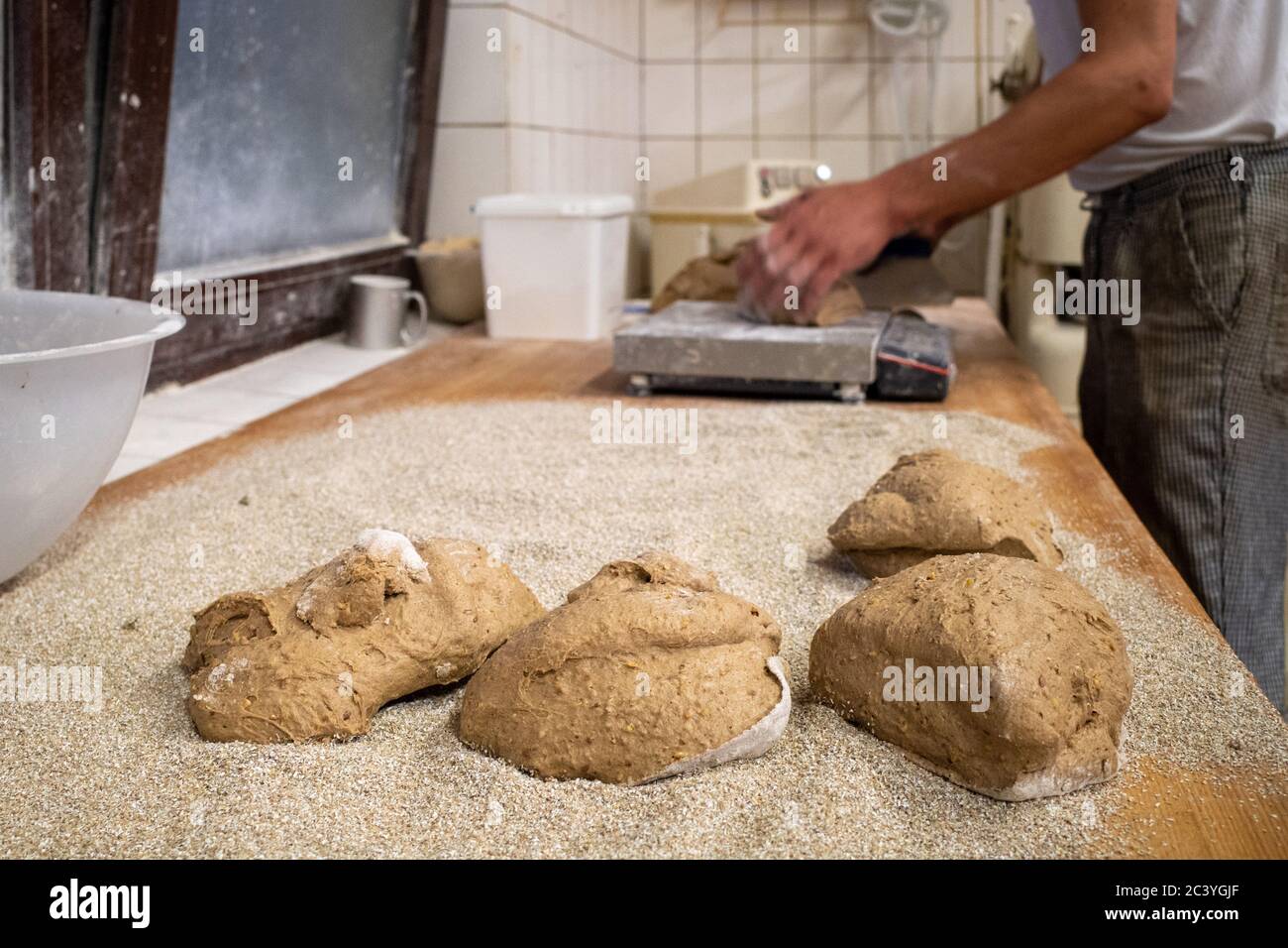 a baker portions the bread dough into equally sized pieces Stock Photo ...