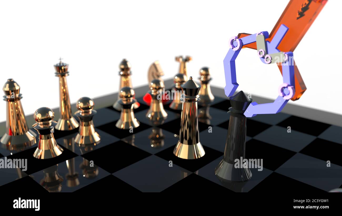 Robotic arm (artificial intelligence) playing chess 3d illustration ...