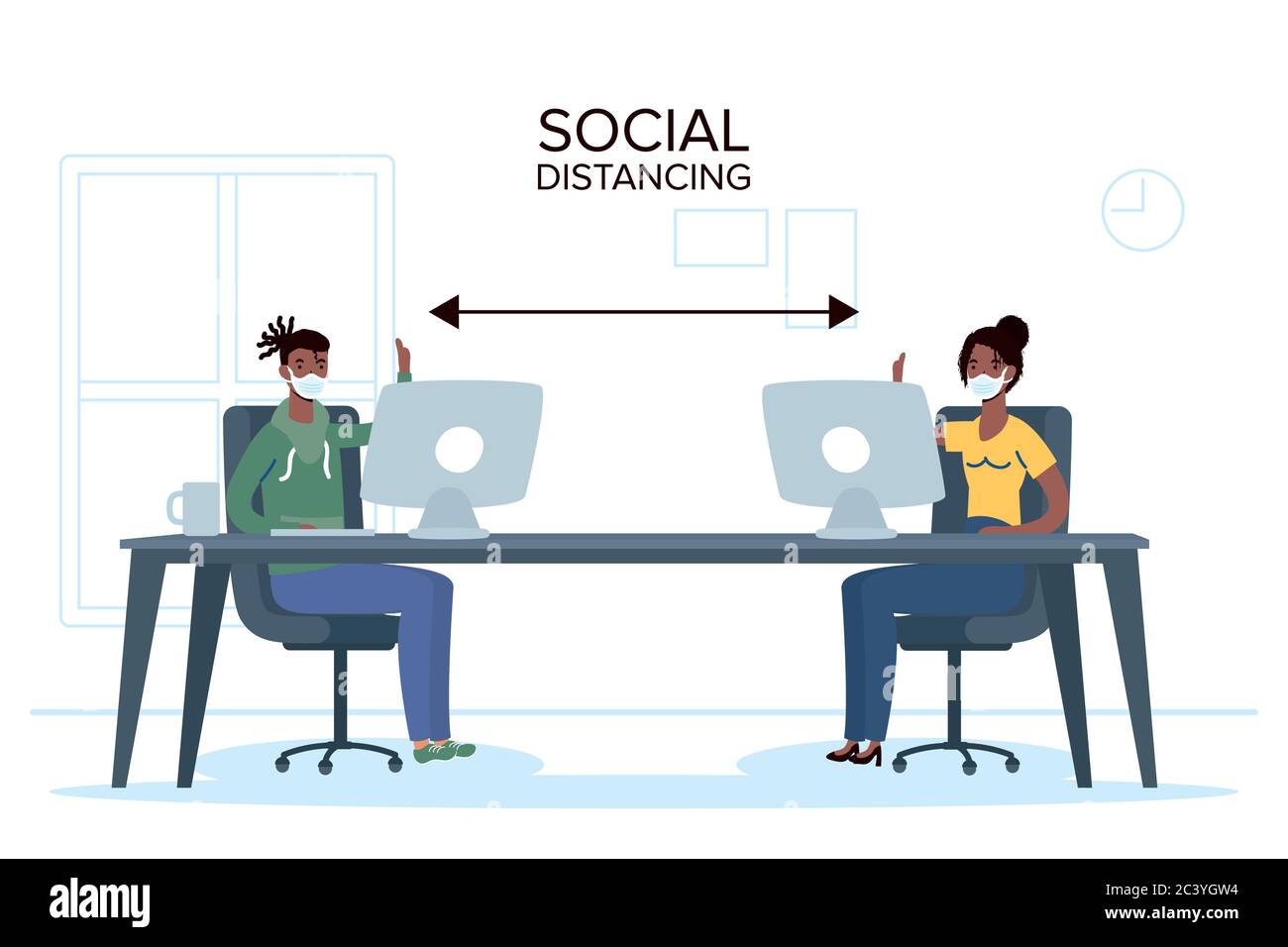 afro couple wearing medical masks and social distancing in workplace ...