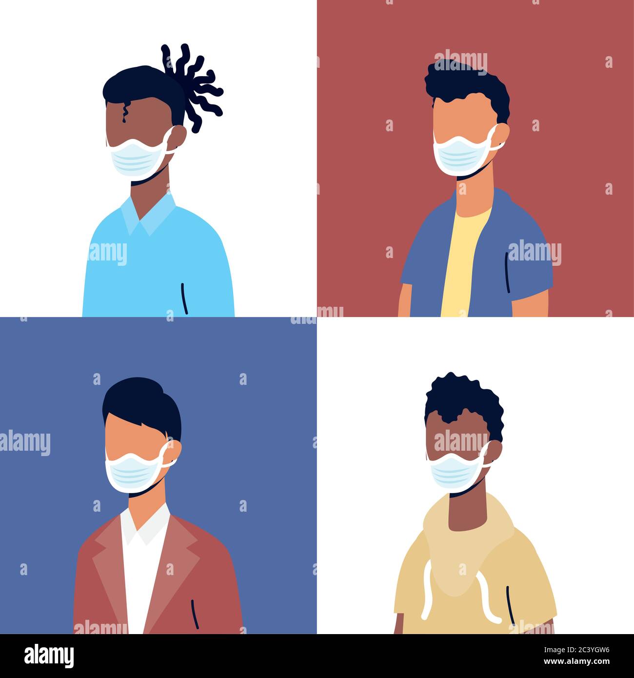 group of diversity men wearing medical masks characters vector ...