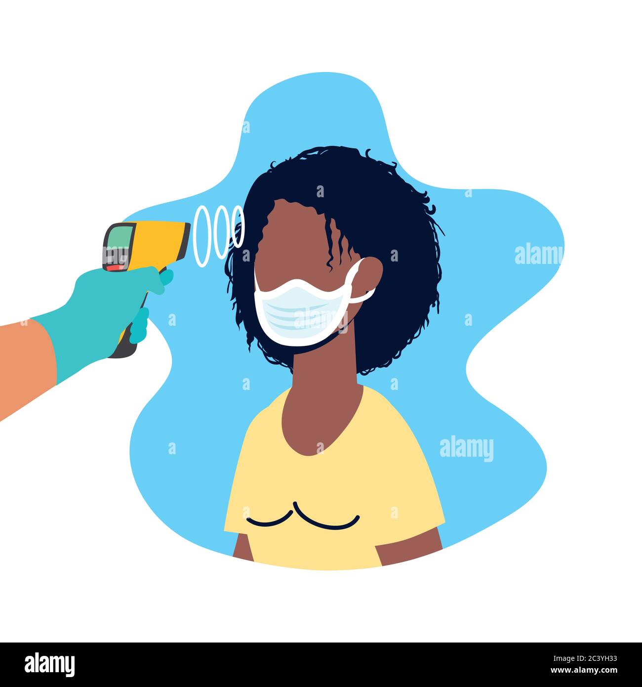 check temperature with laser thermometer to afro female patient vector ...